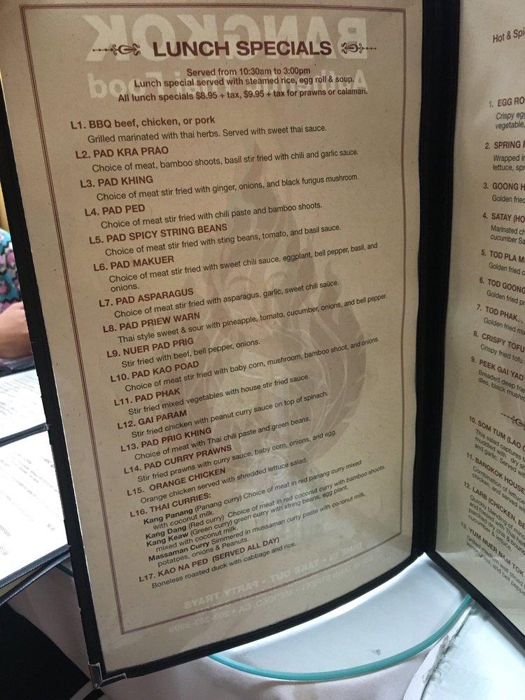 Menu at Bangkok Thai Restaurant, Merced