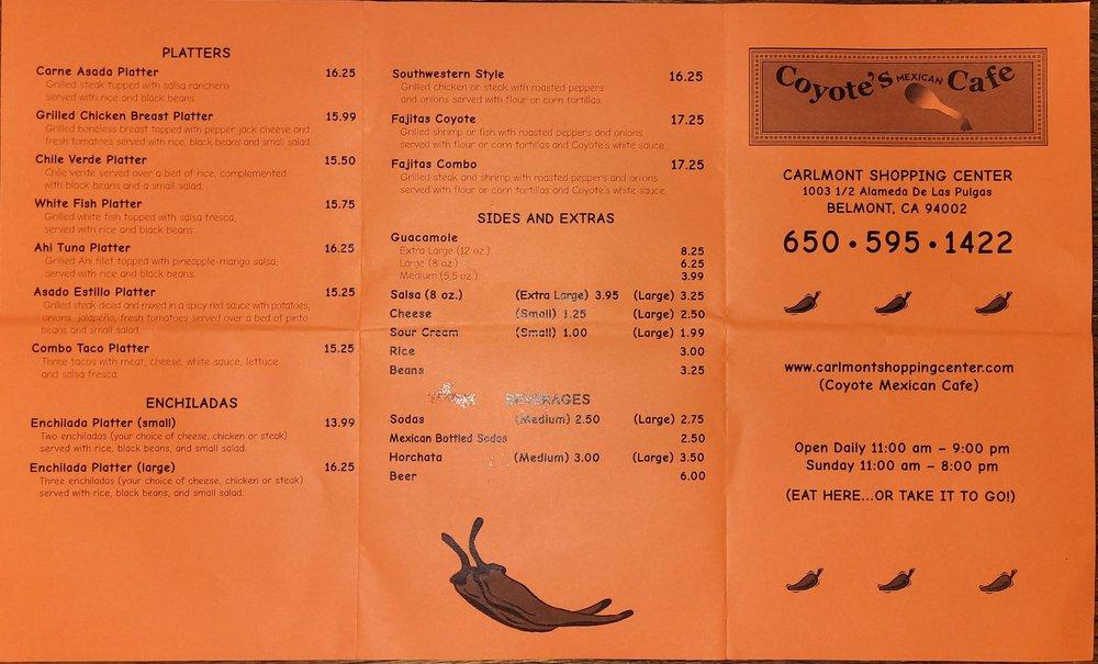 Menu at Coyote's Mexican Cafe, Belmont