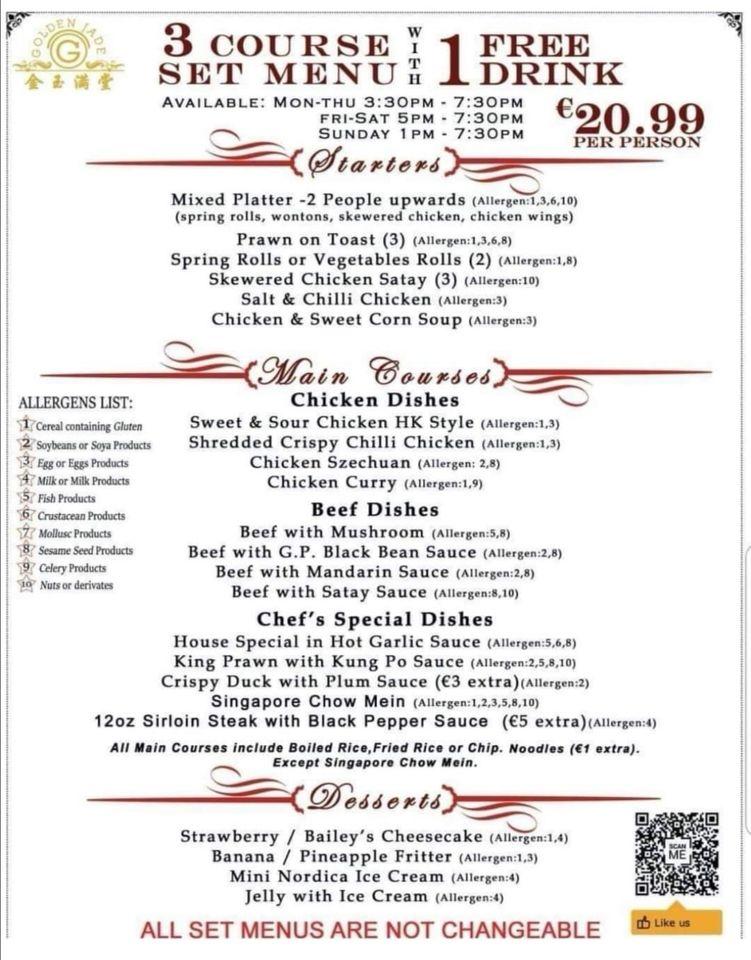 Menu at Golden Jade restaurant, Waterford, Dunmore Rd