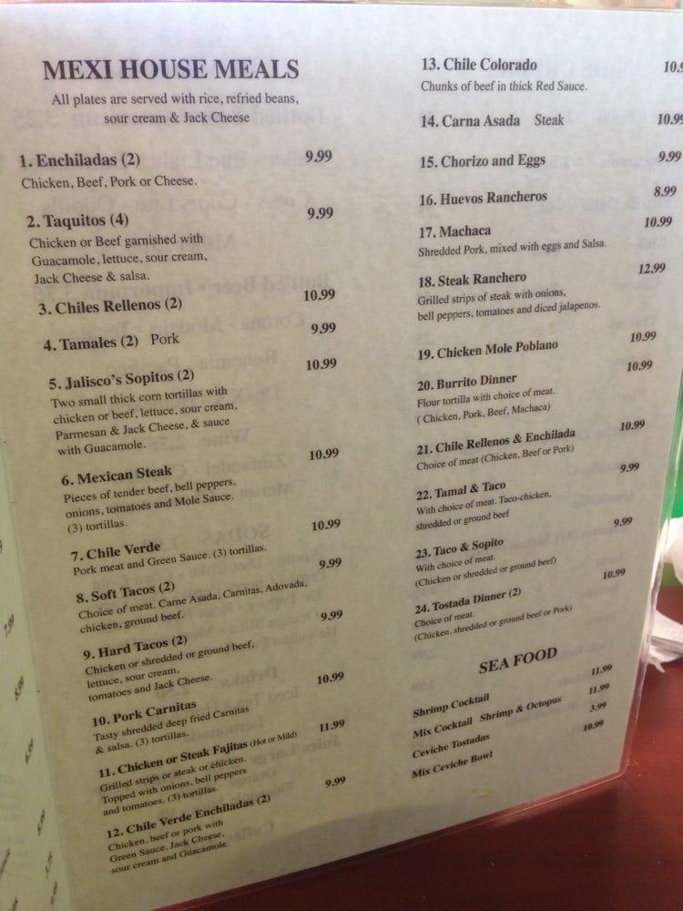 Menu at Mi Jalisco's Taqueria restaurant, Brentwood