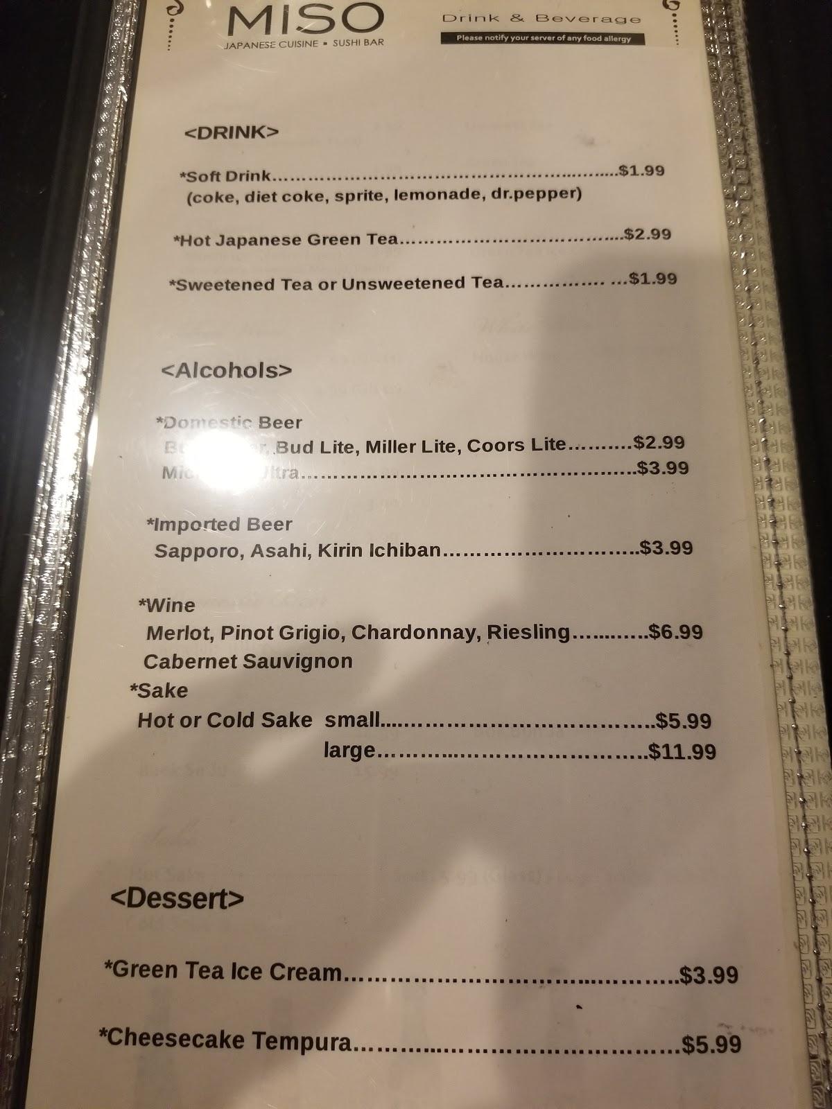 Menu at Miso Sushi House restaurant, West Point