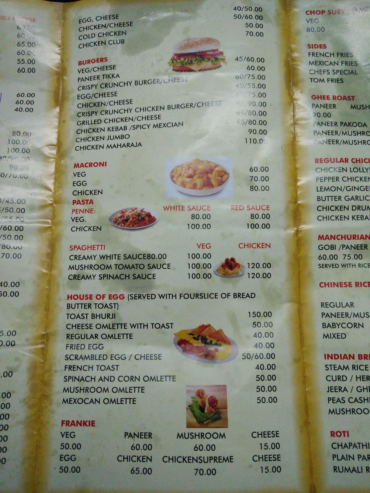 Menu at Poornima Canteen, Manipal