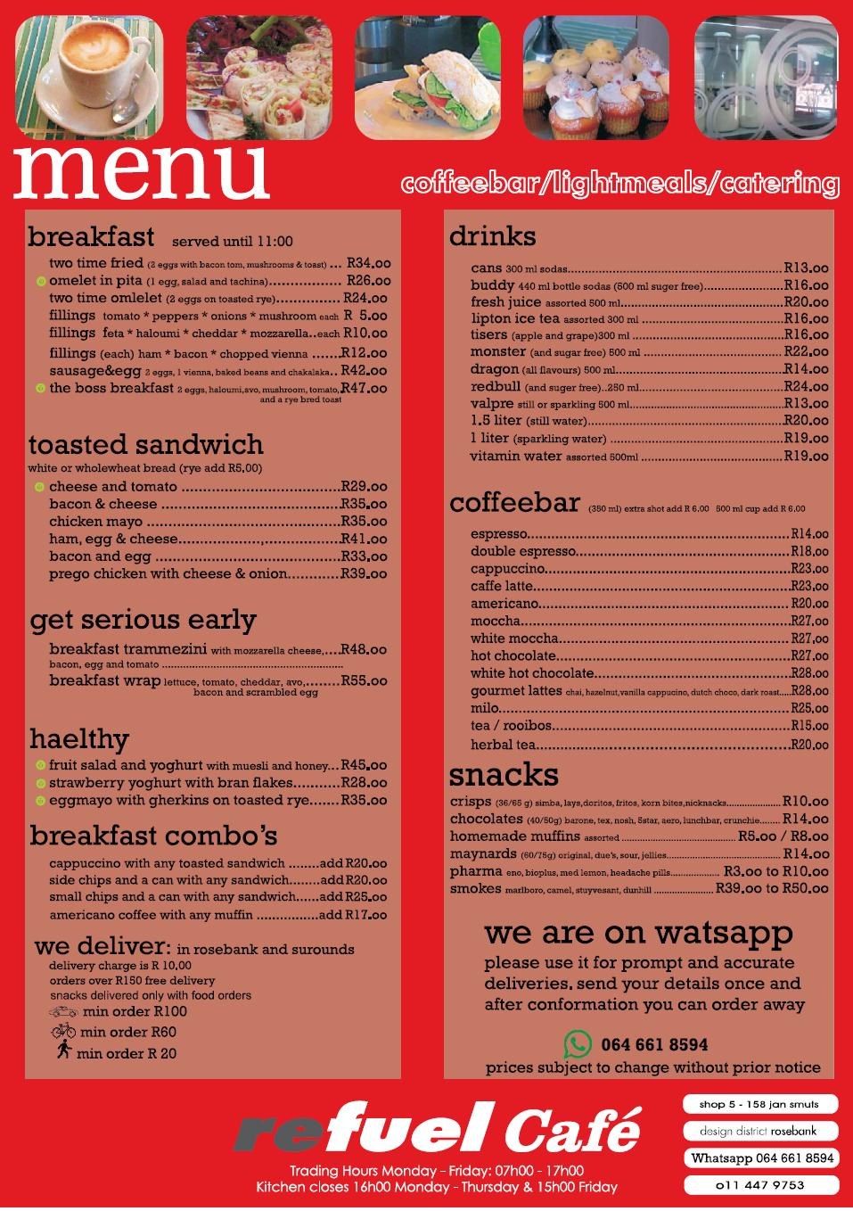 Menu at ReFuel Cafe, Johannesburg, shop no 5