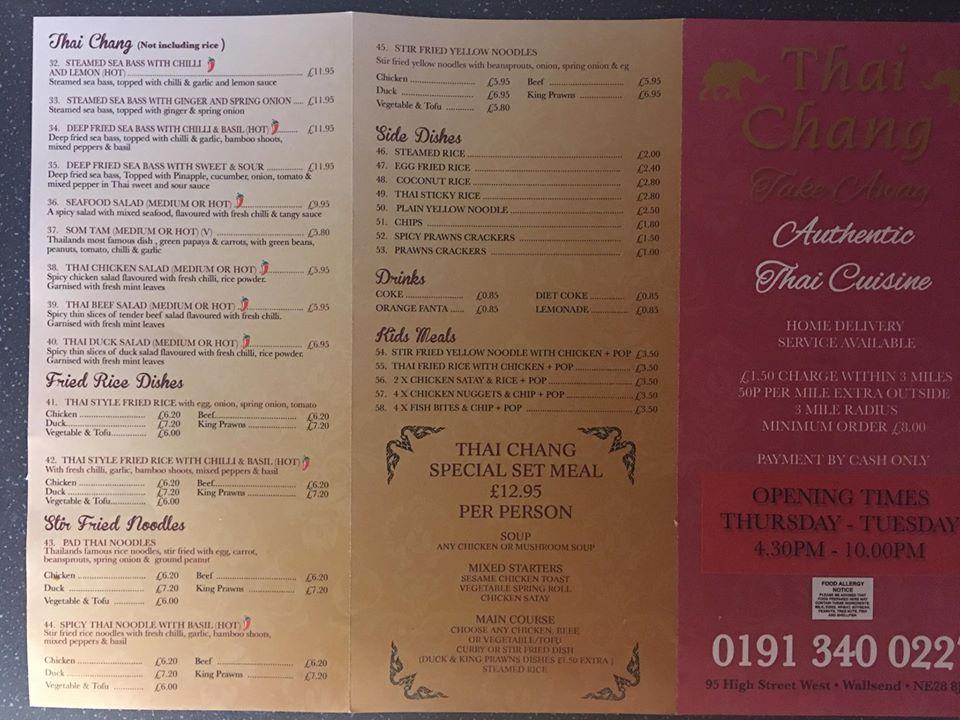 Menu at Thai Chang restaurant, Wallsend