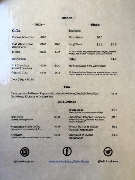 Menu at The Local Press Lilyfield restaurant, Lilyfield