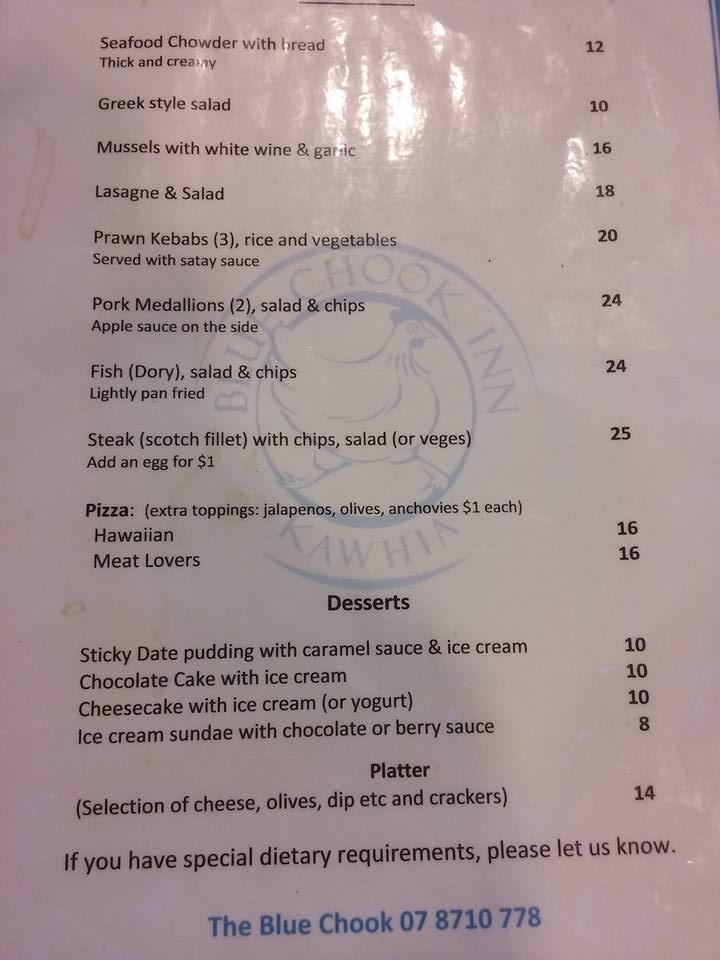 Menu at Blue chook chef restaurant, Kawhia