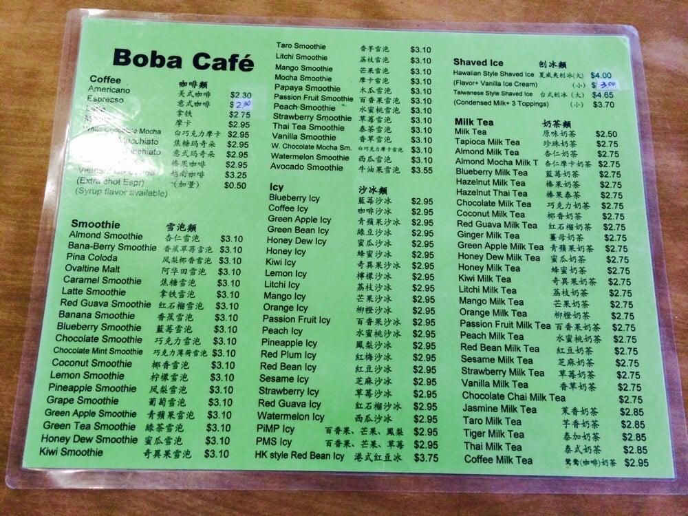 Menu at Boba Cafe, Sacramento