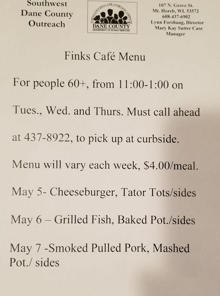 Menu at Fink's Restaurant, Mount Horeb