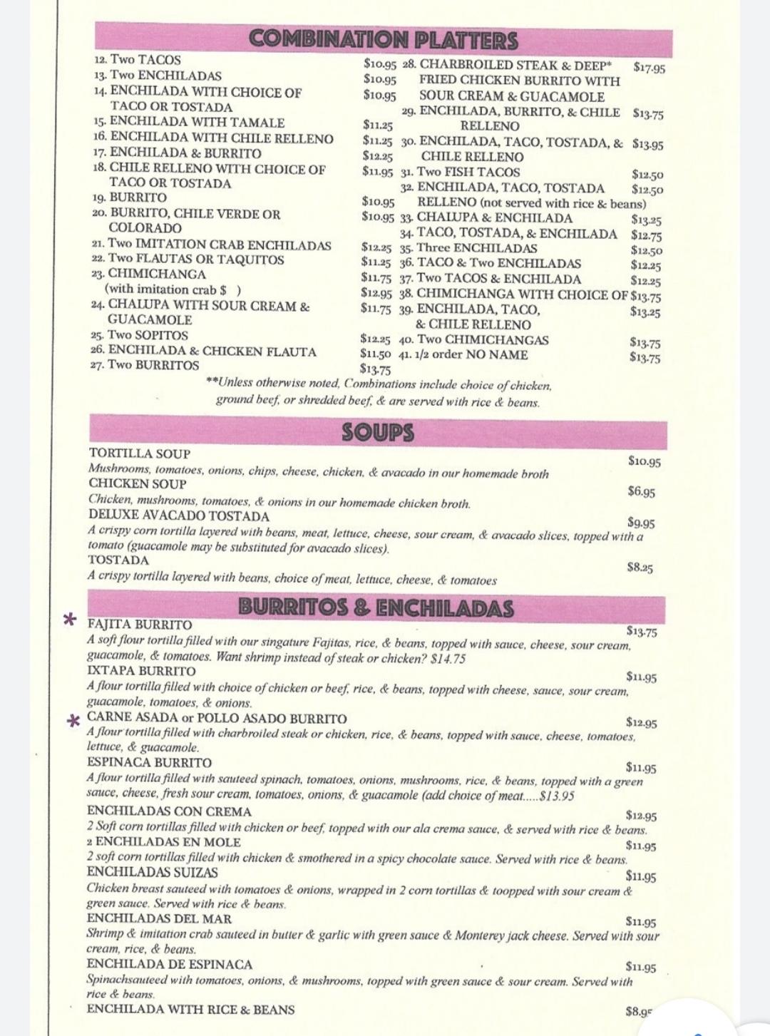 Menu at Ixtapa Restaurant, Sultan