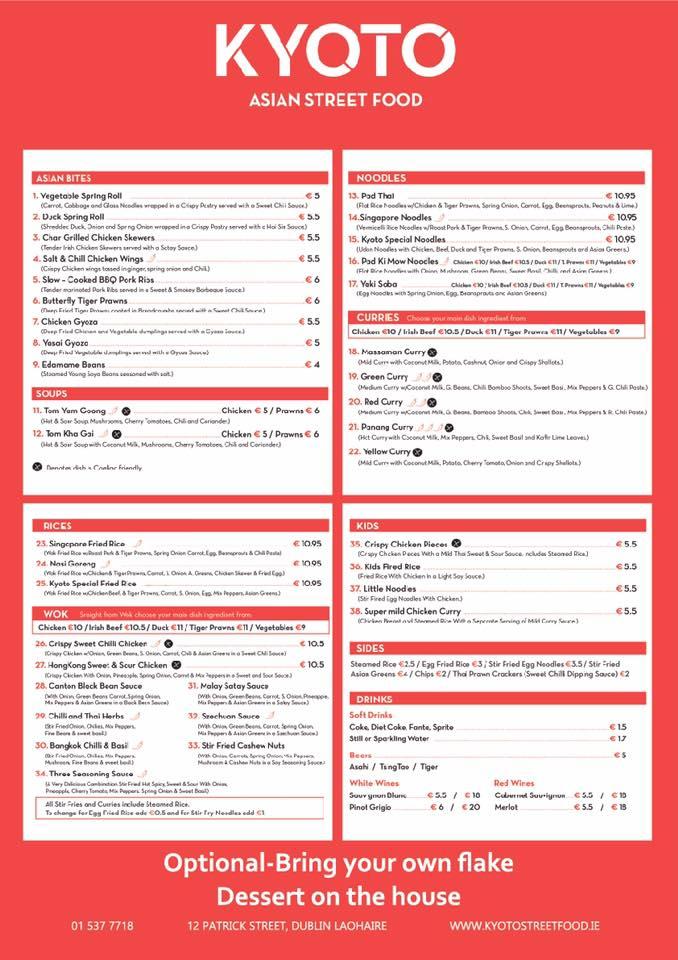 Menu at Kyoto Asian Street Food restaurant, Dublin