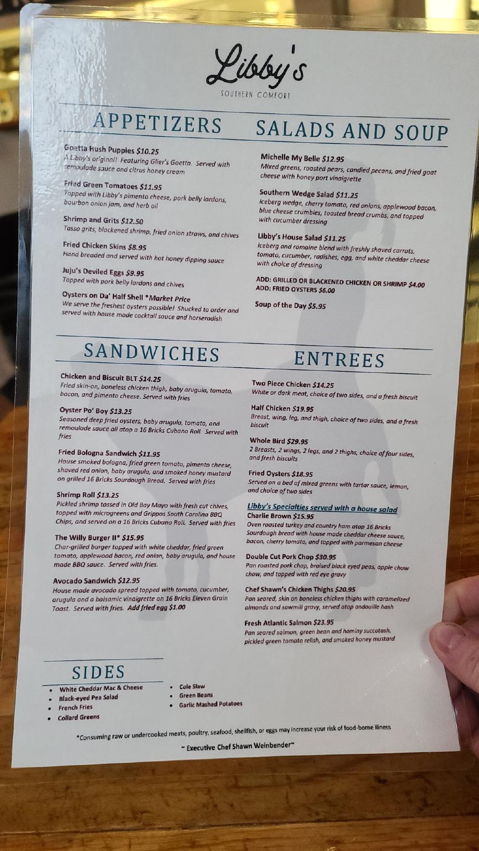 Menu at Libby’s Southern Comfort restaurant, Covington