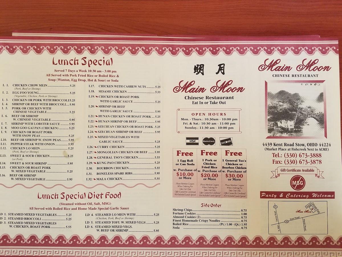 Menu at Main Moon restaurant, Stow