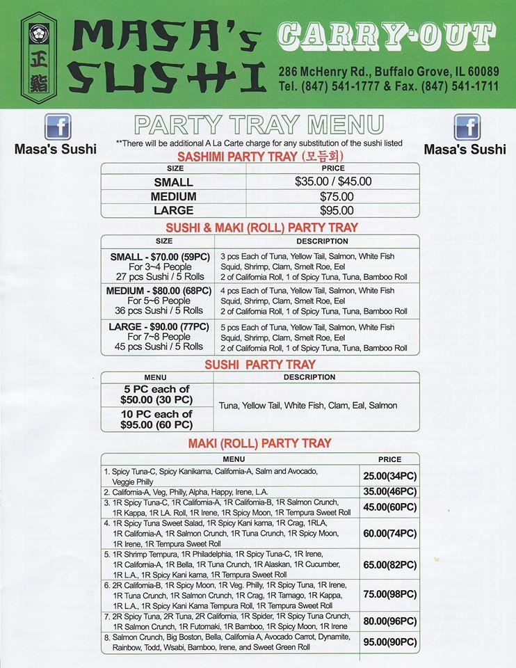 Menu at Masa's Sushi restaurant, Buffalo Grove