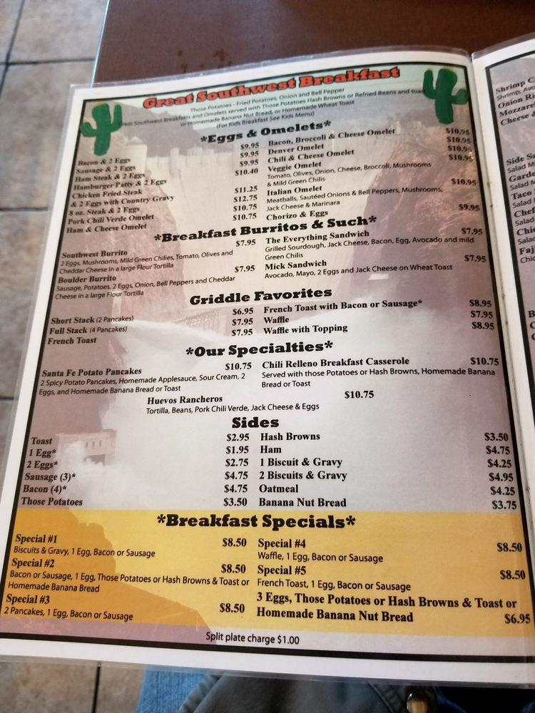 Menu at Southwest Diner restaurant, Boulder City