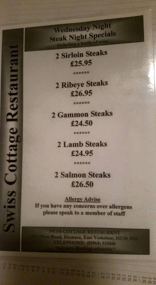 Menu at Swiss Cottage Restaurant & Lounge Bar, Hornsea