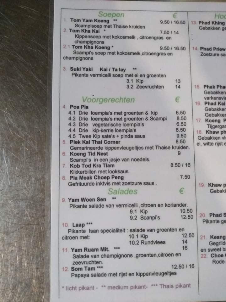 Menu at Thai Corner, Sint-Truiden