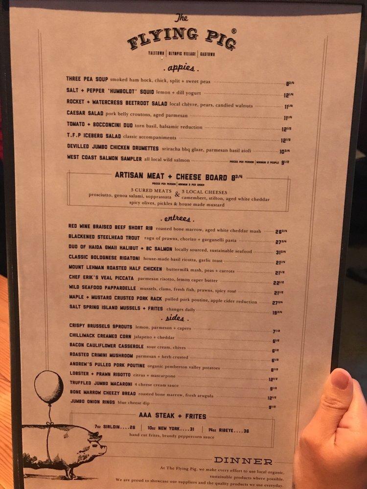 Menu at The Flying Pig Olympic Village restaurant, Vancouver, 127 W 2nd Ave