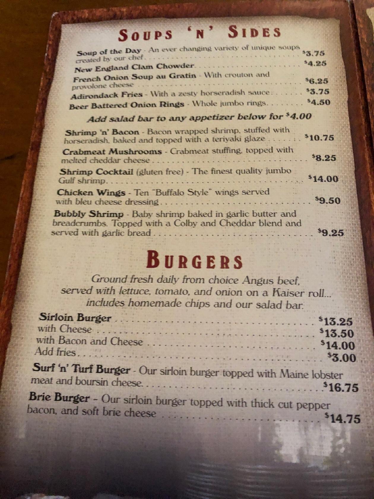 Menu at The Log Jam Restaurant, Queensbury