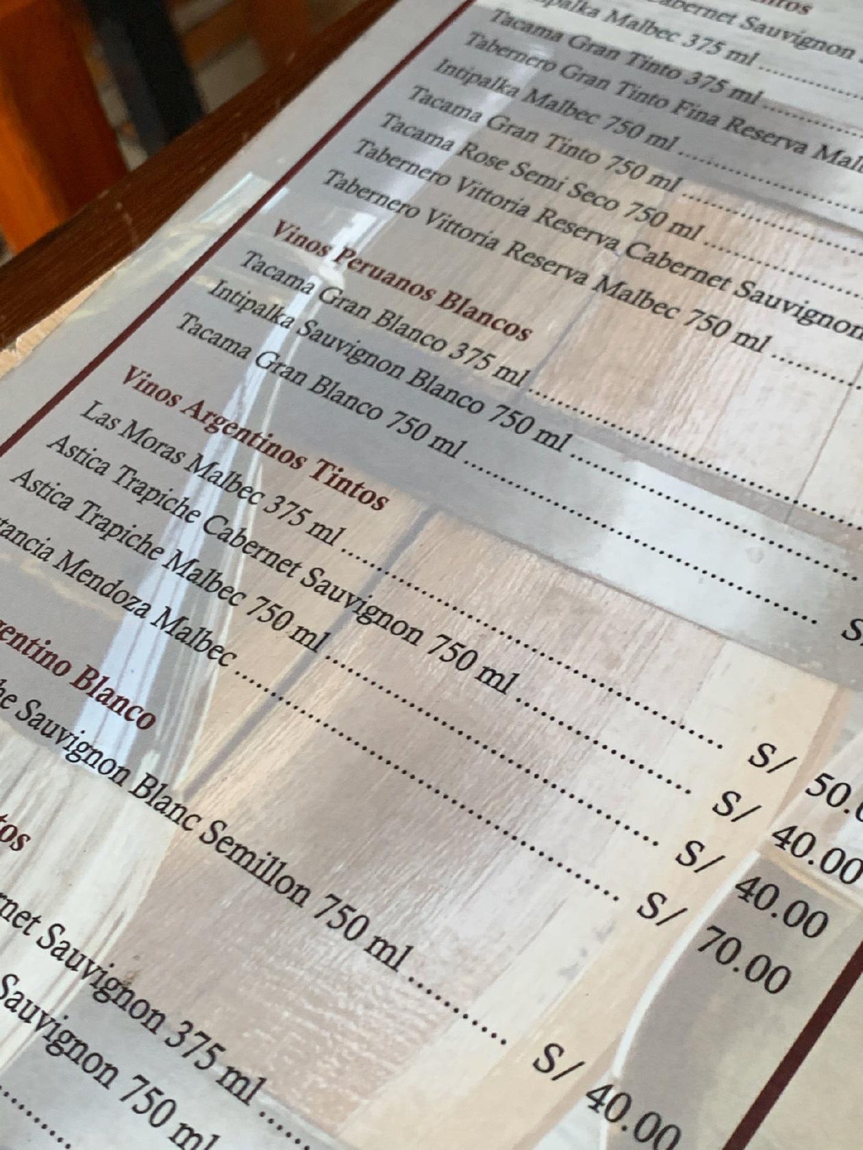 Menu at Trattoria Adriano restaurant, Cusco