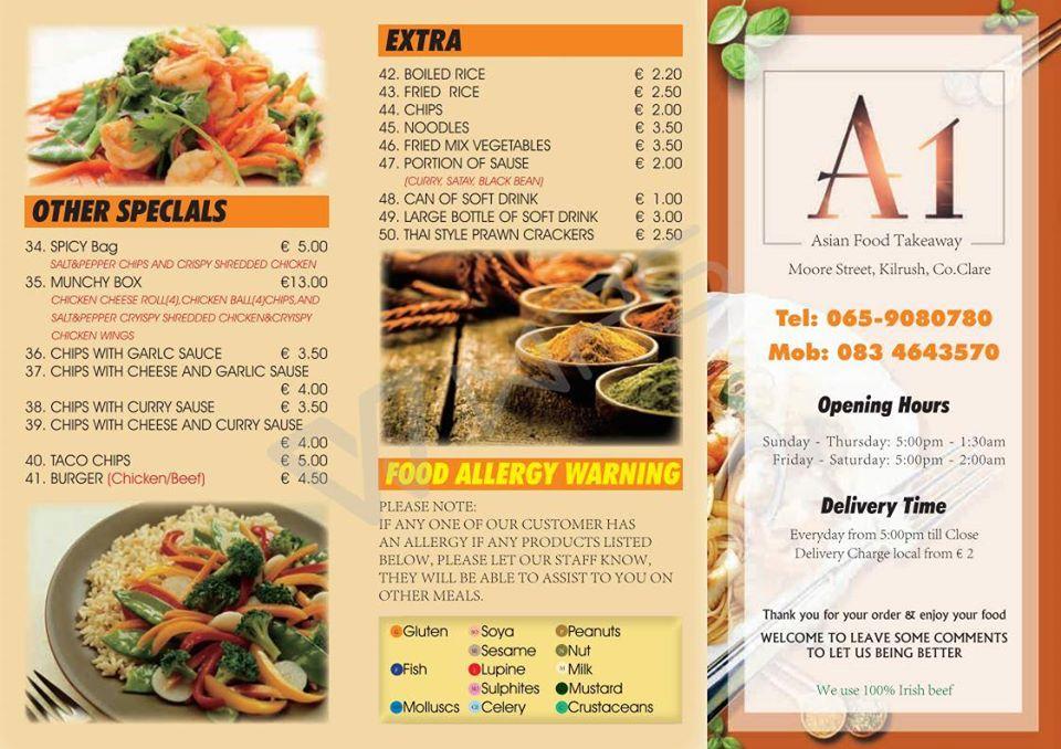 Menu at A1 Asian Take Away restaurant, Kilrush