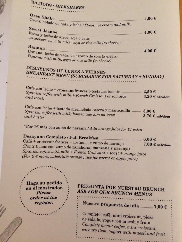 Menu at DDL Boutique cafeteria, Valencia