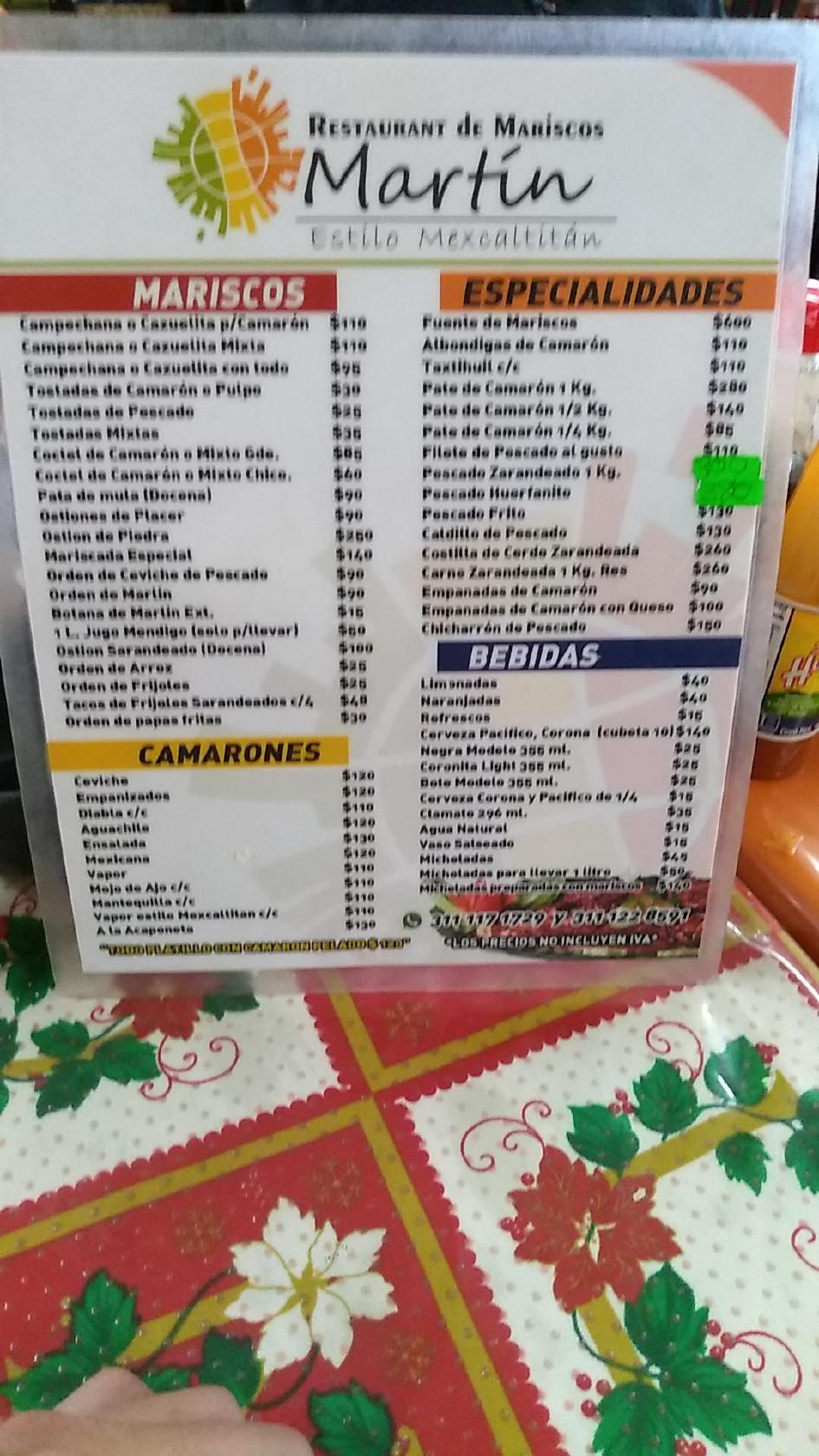 Menu at Restaurant Martin, Tepic