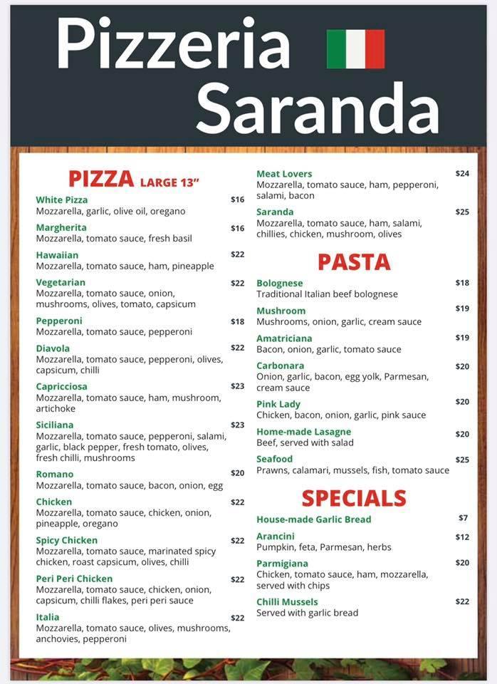 Menu at Saranda Cafe, Landsdale