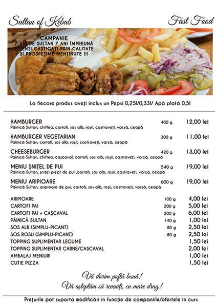 Menu at Sultan of Kebab, Satu Mare
