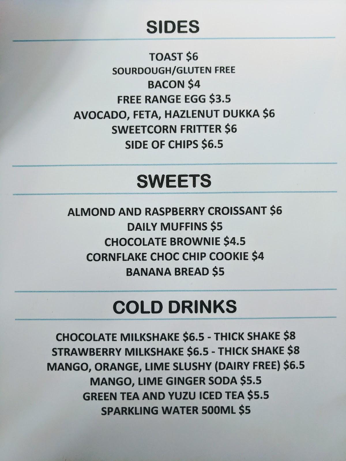 Menu at The Lookout cafe, Elizabeth Bay