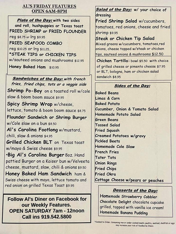 Menu at Al's Diner restaurant, Pittsboro