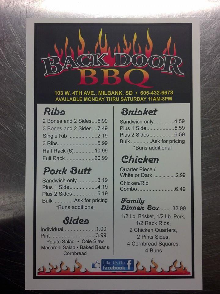 Menu at Backdoor BBQ, Milbank