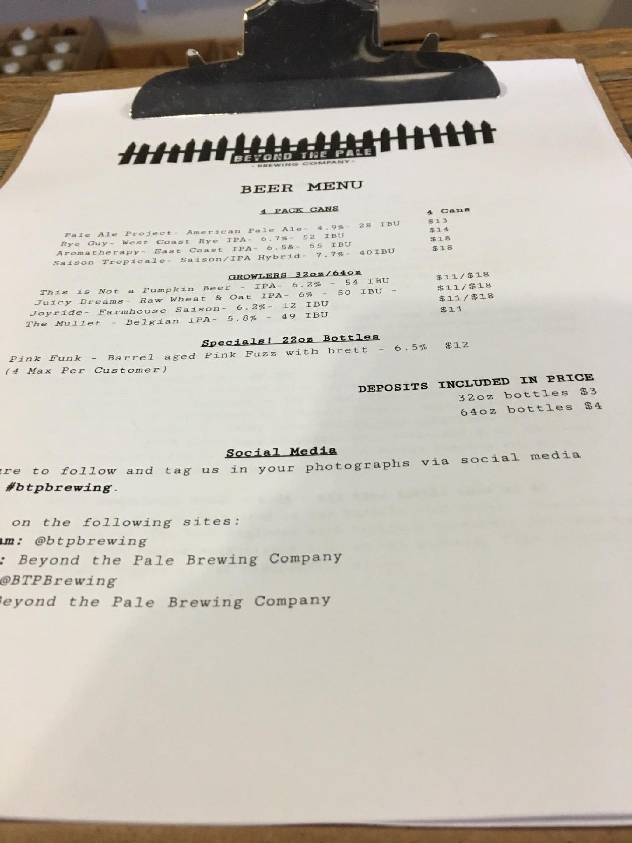 Menu at Beyond the Pale Brewing Company restaurant, Ottawa, 250 City ...