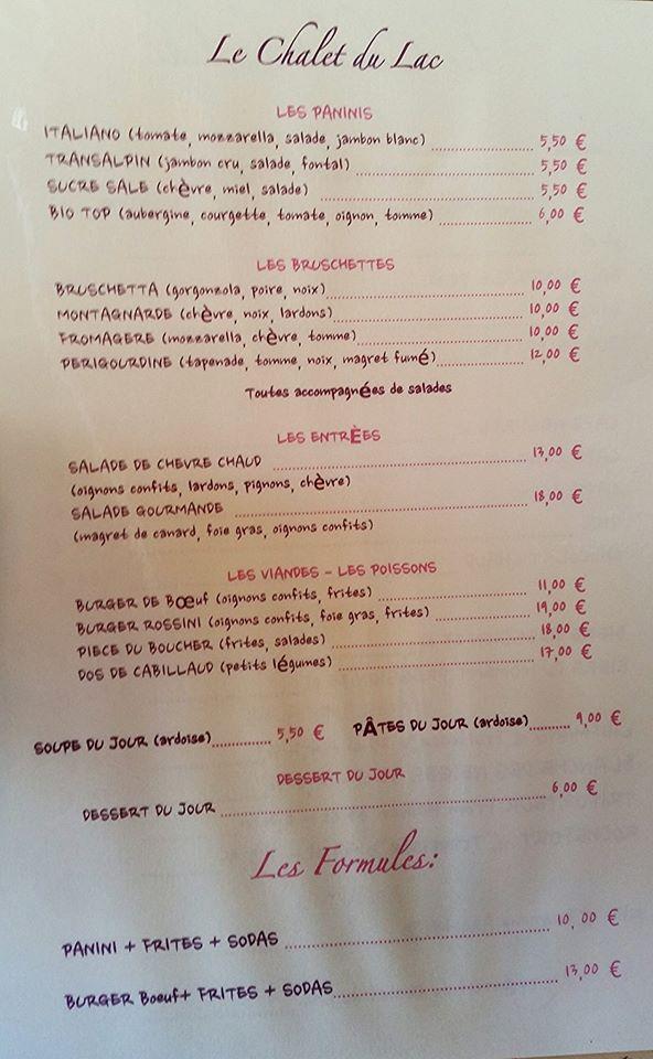Menu at Le Chalet du Lac restaurant, La Salle-les-Alpes, Rte de Pré-Long