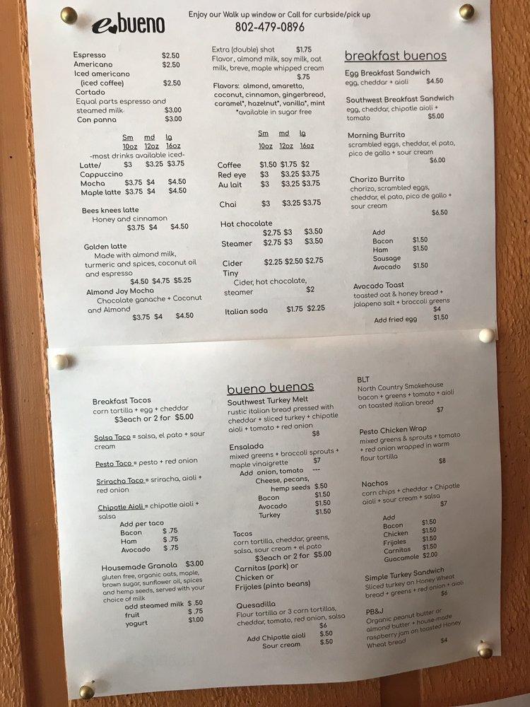 Menu at Espresso Bueno cafe, Barre, 248 N Main St