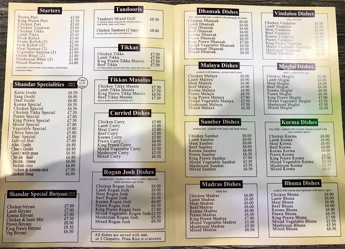 Menu at Shandar Tandoori fast food, Blackburn