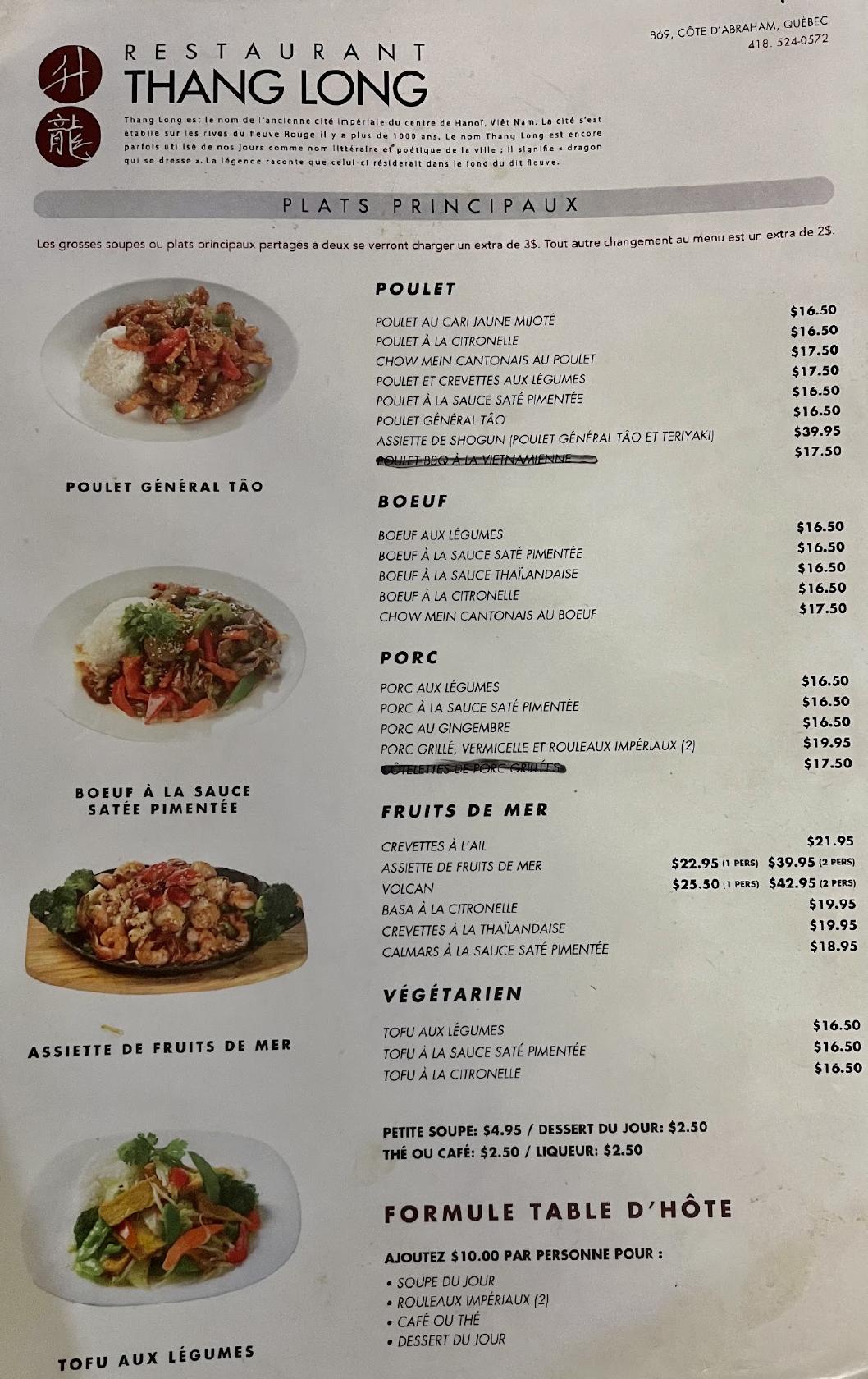 Menu au Restaurant Thang Long, Québec