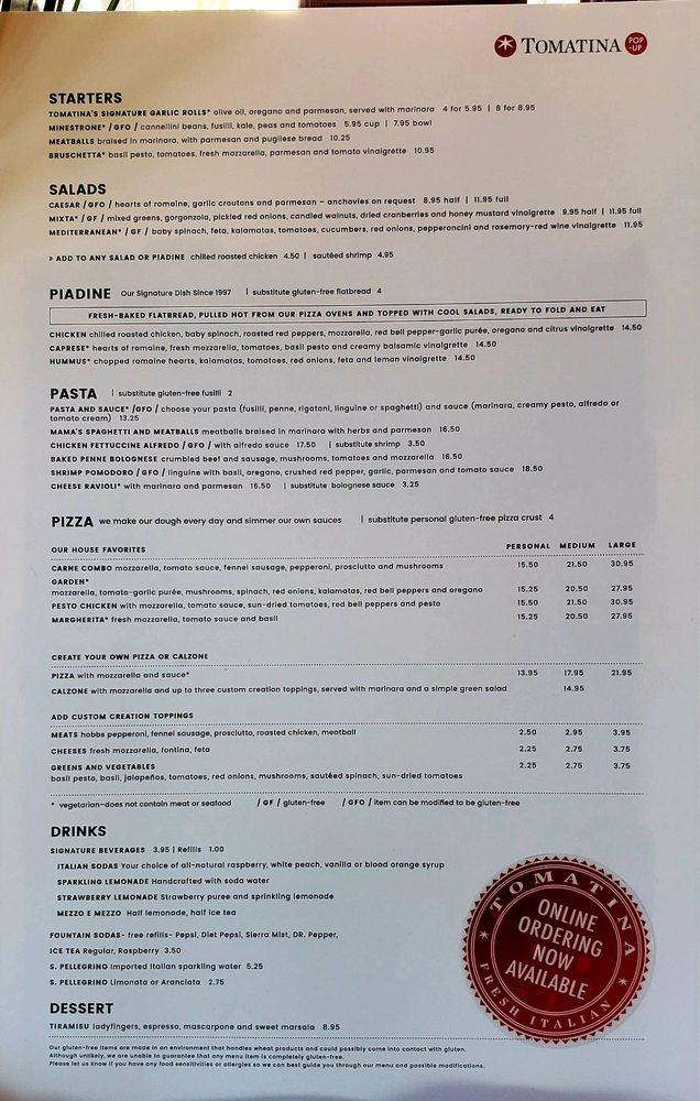 Menu at Tomatina pizzeria, Roseville, Fairway Dr