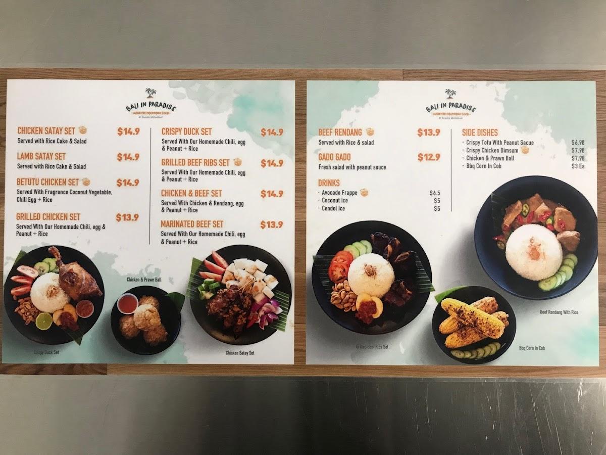 Menu at Bali In Paradise restaurant, Surfers Paradise