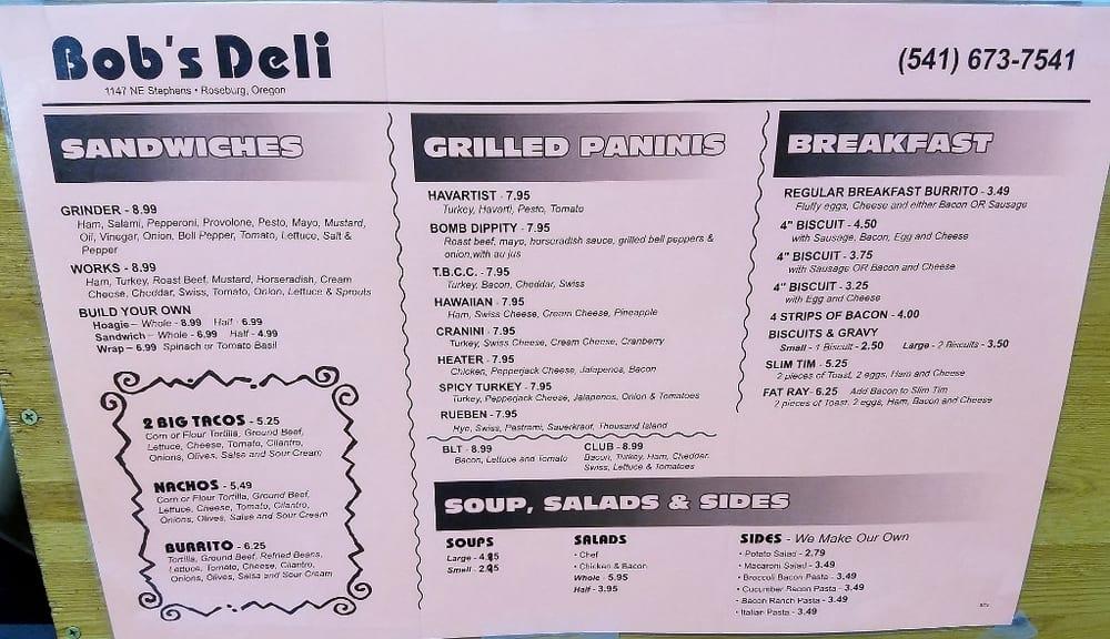 Menu at Bob's Deli restaurant, Roseburg