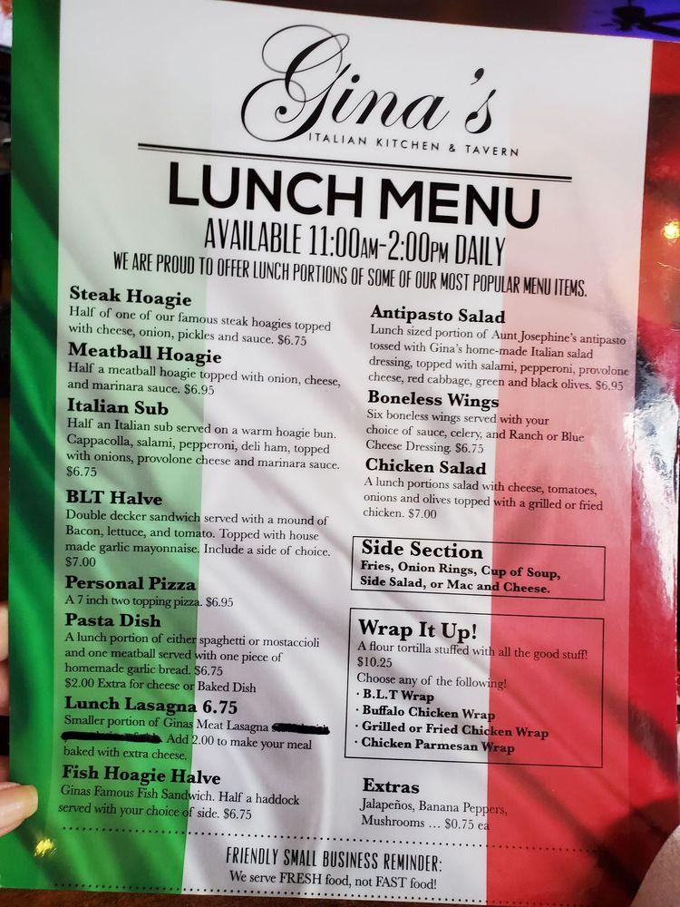 Menu at Gina's Italian Kitchen & Tavern restaurant, Hamilton