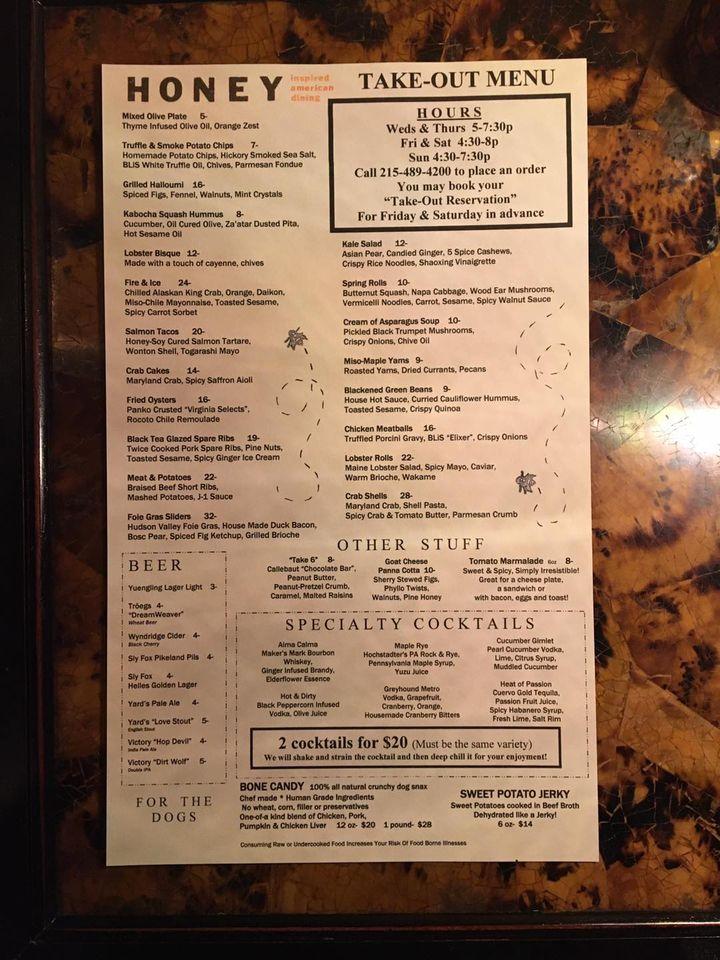 Menu at Honey pub & bar, Doylestown