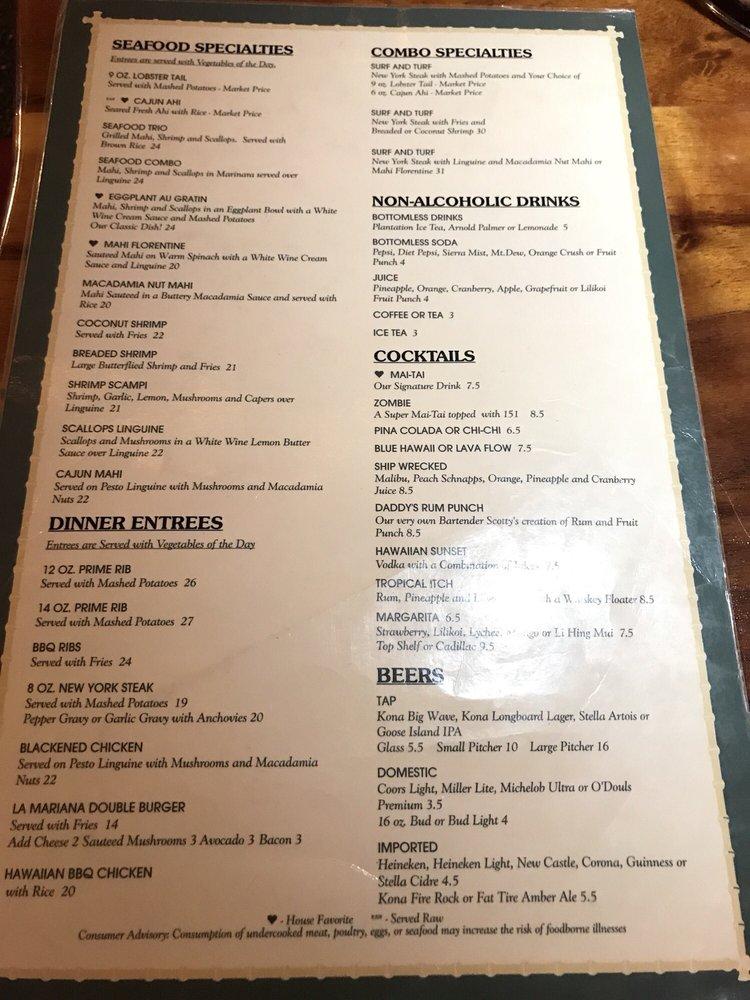 Menu at La Mariana Sailing Club, Honolulu, 50 Sand Island Access Rd