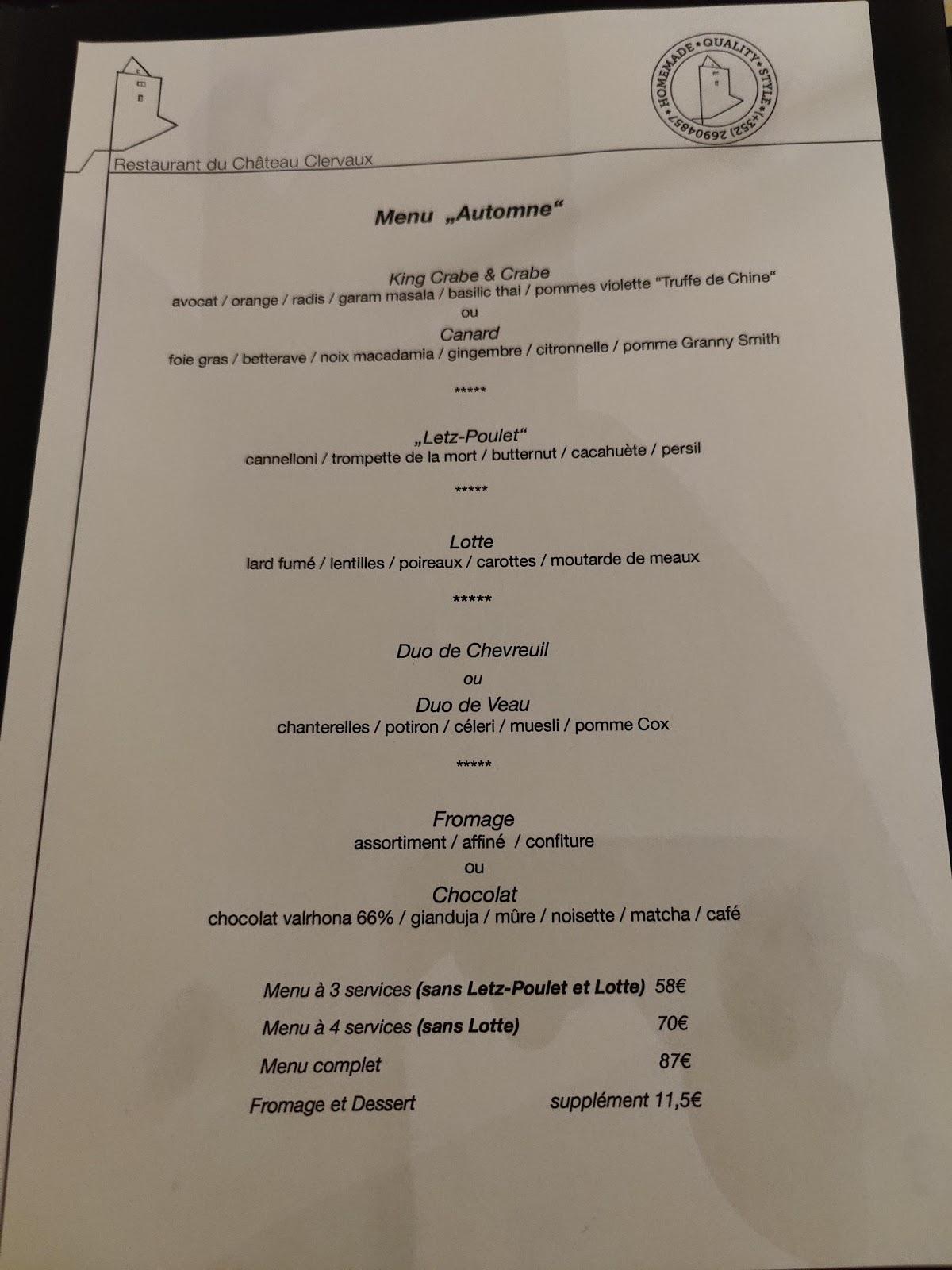 Menu at Restaurant du château, Clervaux