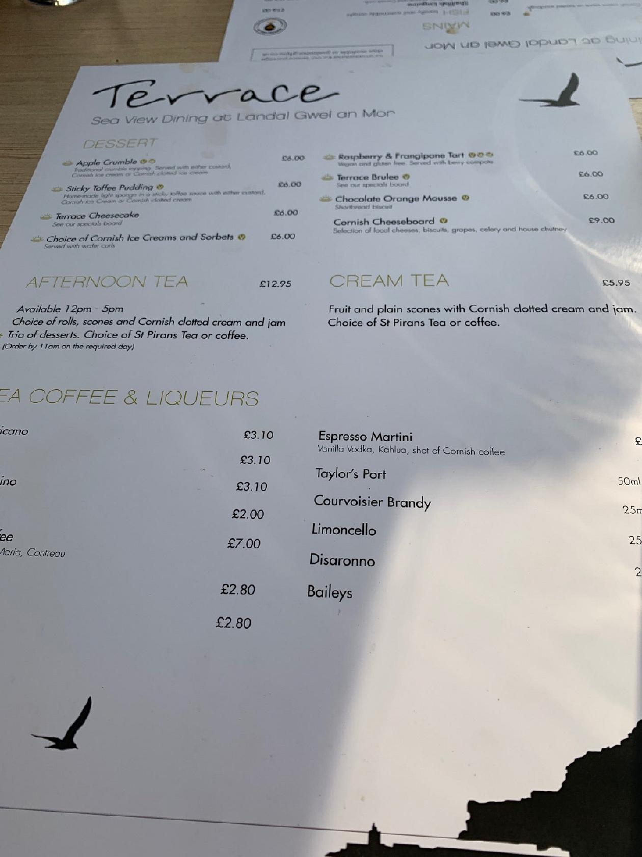 Menu at The Terrace Restaurant, Redruth, Gwel an Mor Resort