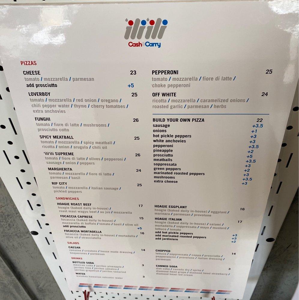 Menu at 'ili'ili Cash & Carry pizzeria, Honolulu