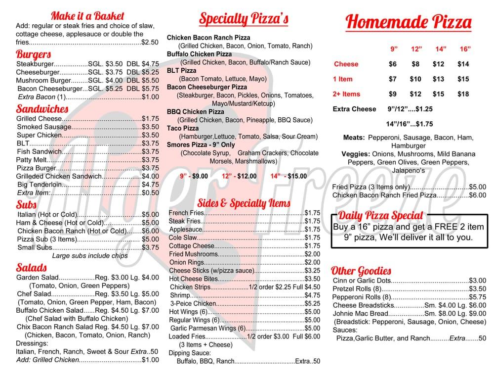 Menu at Alger Freeze pizzeria, Alger
