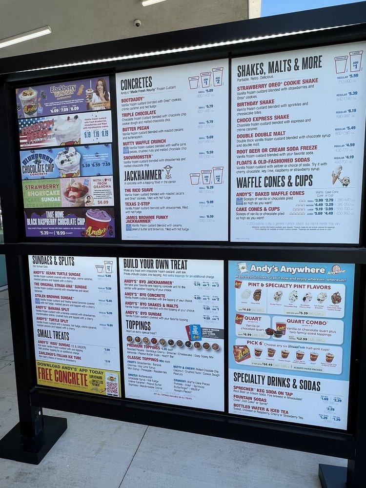 Menu at Andy's Frozen Custard desserts, Waco