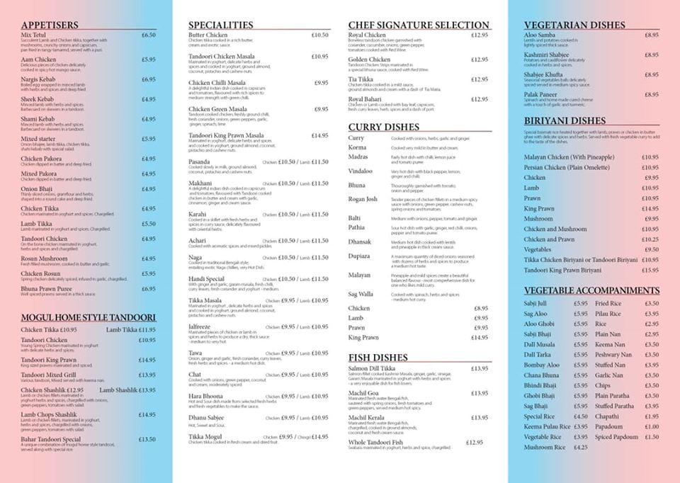 Menu at Bahar restaurant, Newtown