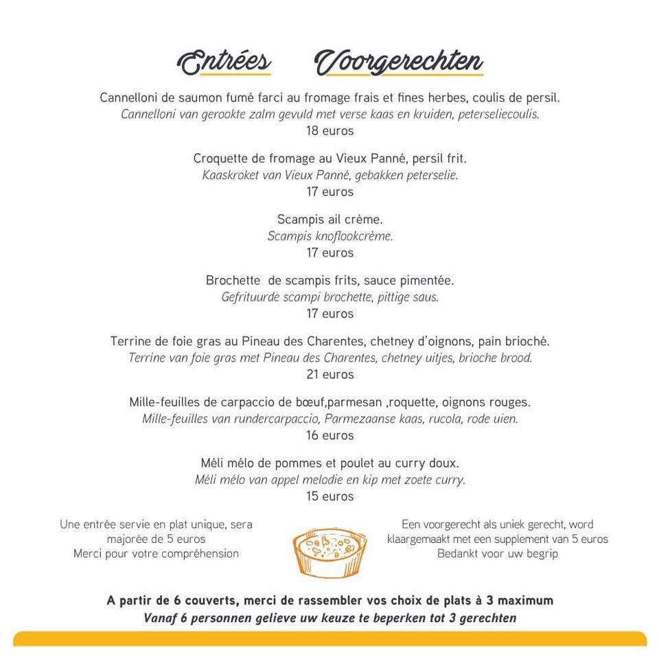 Menu at Chez Marie, Durbuy