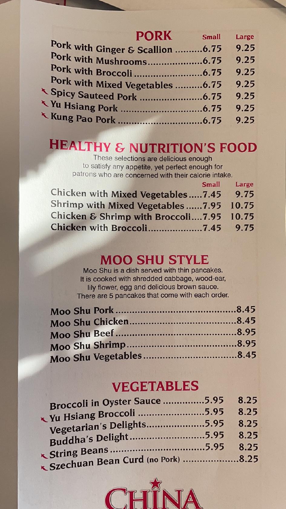 Menu at China Wok fast food, Marshfield, Ocean St